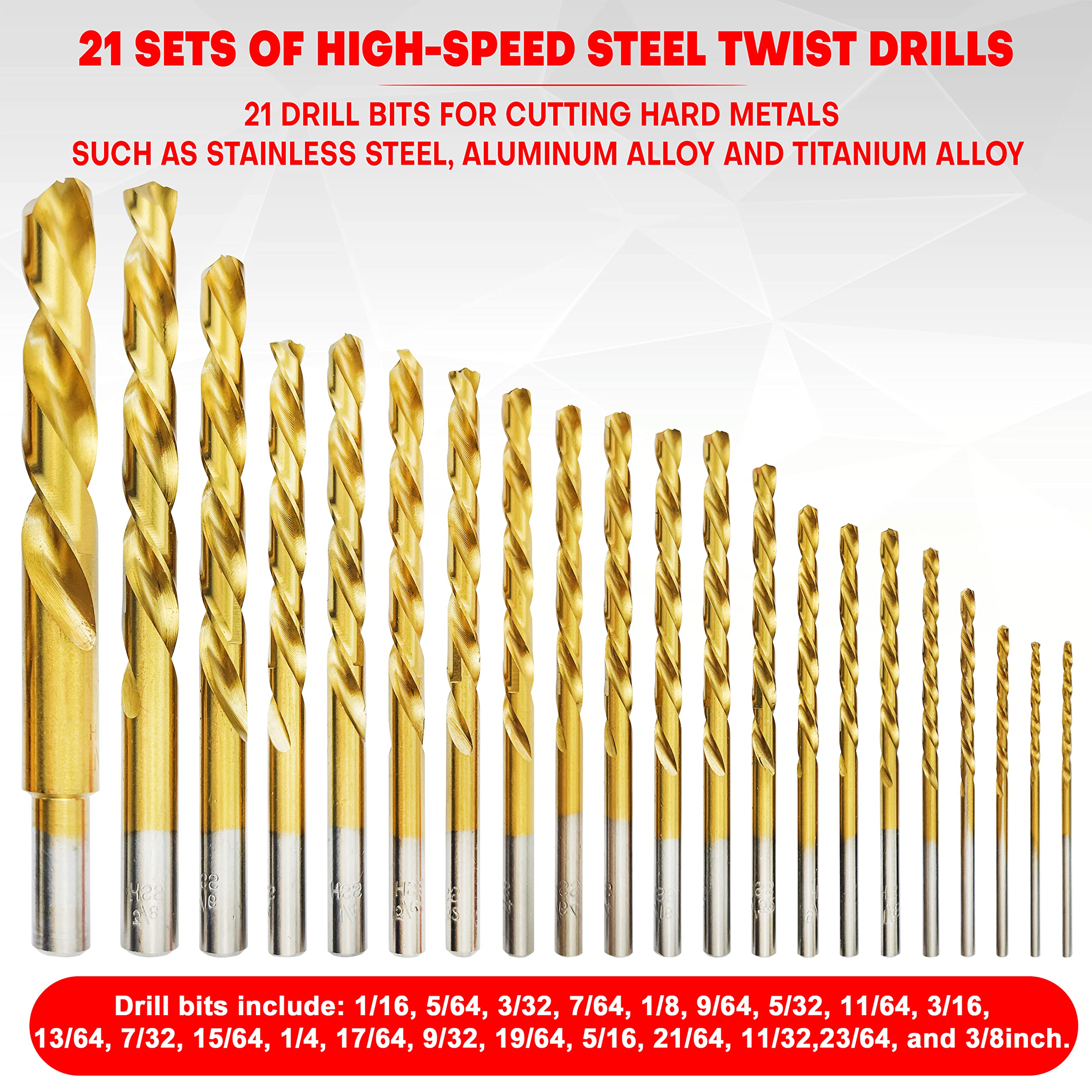 YIYITOOLS Titanium Twist Drill Bit Set 21 Piece Fit for Cutting Hard Metals,Such as Stainless Steel, Aluminum Alloy and Titanium Alloy 21 Pieces