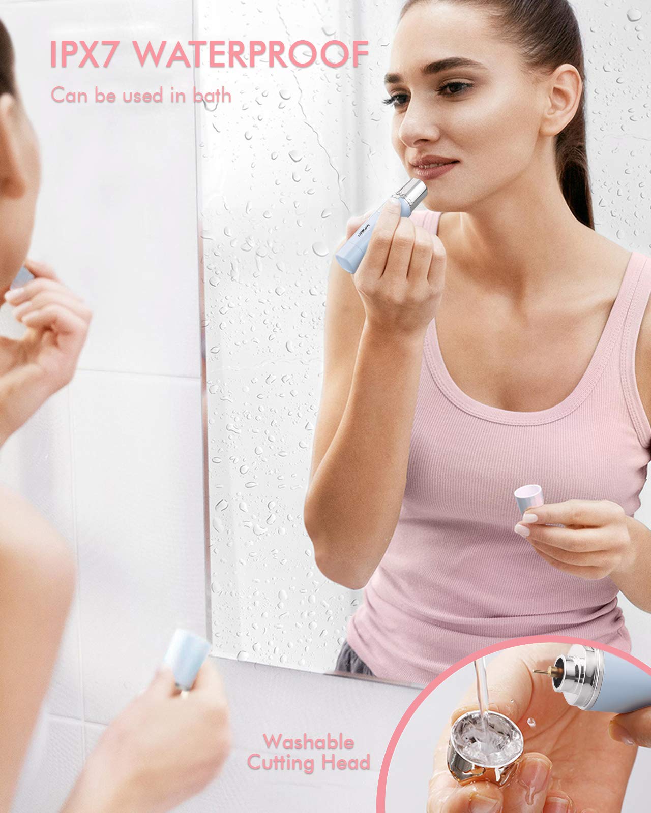 Nose and Ear Hair Trimmer SUPRENT, Wet & Dry Trimmer for Women, IPX7 Waterproof Design, Stainless Steel Rotation Blade, Portable Use (Macaron Blue)