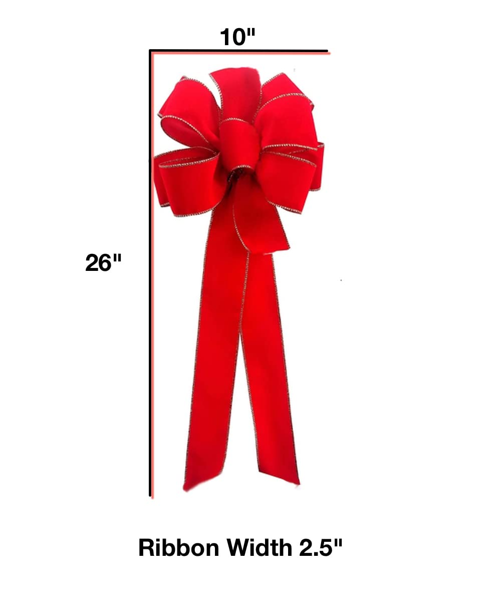 Rocky Mountain Goods 10β x 26β Christmas Red Bow with Gold Edges - Indoor/Outdoor Bow for Wreaths, Tree Topper, Door, Post (1)