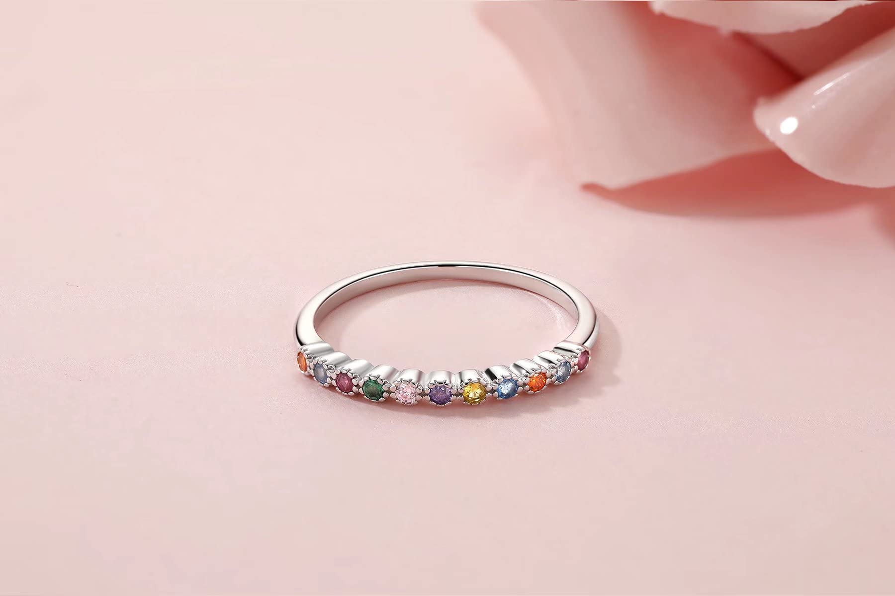Qings Fashion Colorful Stackable Finger Ring 925 Sterling Silver with Cubic Zirconia Gift for Women Girls
