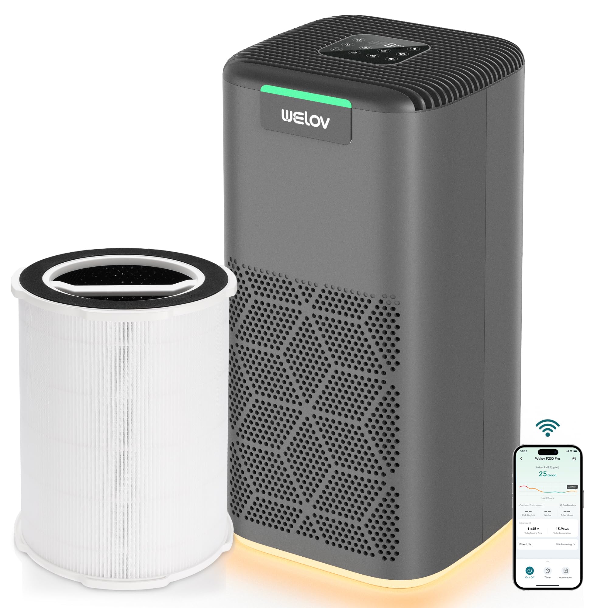 WELOV P200 PRO Air Purifiers with Original Filter Bundle: Up to 1570 Ft² in 1 Hr With Air Quality Monitor, Smart WiFi, Alexa Control
