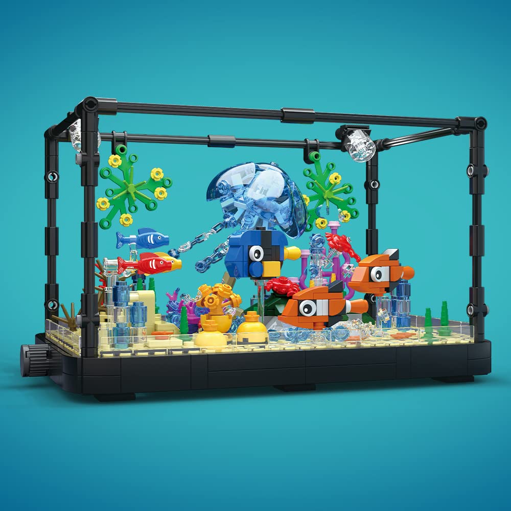 Mesiondy Fish Tank Building Block Set with Light,Aquarium,Marine Jellyfish, Building Block Toy for Kids 6, Home Decor
