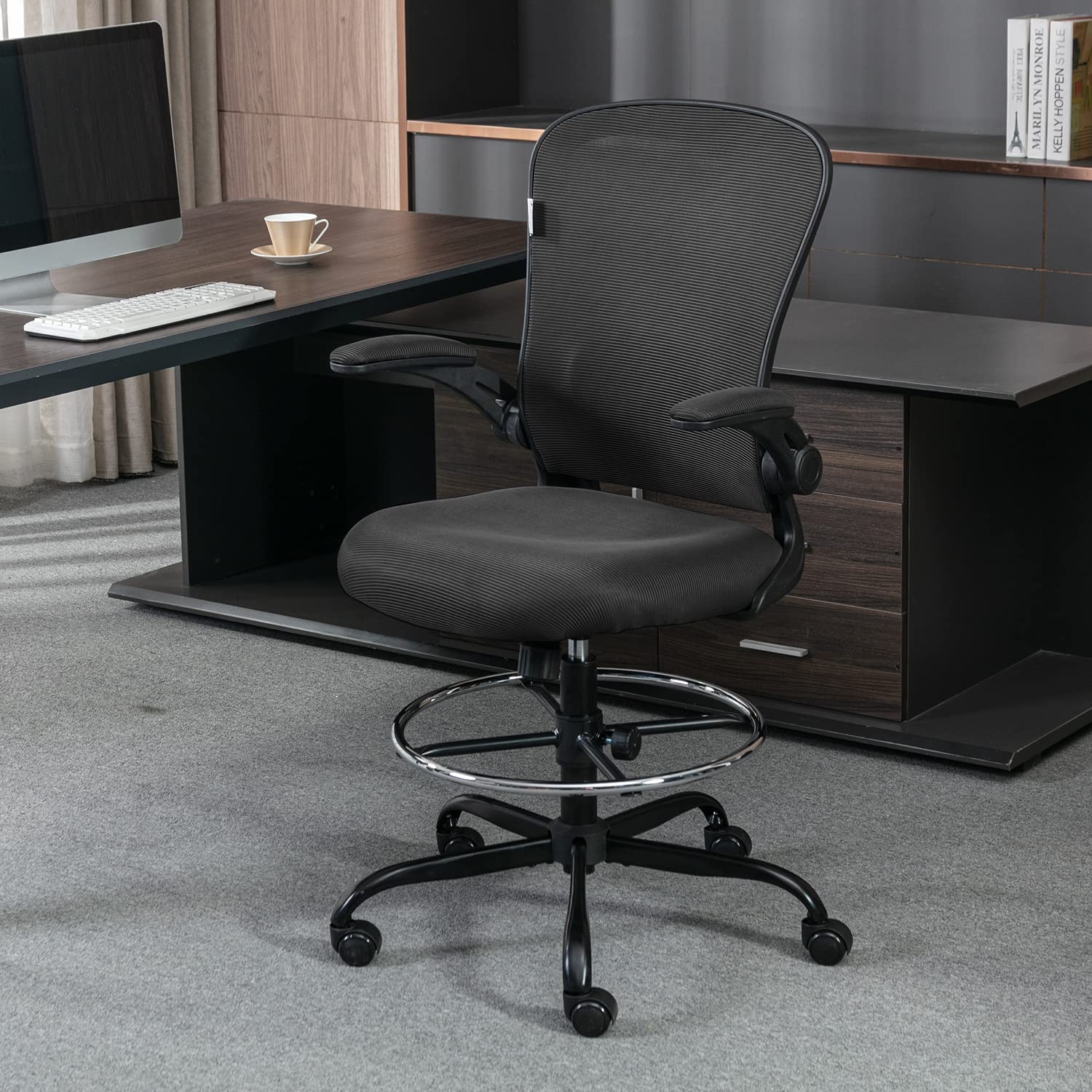 Okeysen Drafting Chair Tall Office Chair, Standing Desk Chair with 3.9’’ Thicken Cushion & Flip-Up Armrest, Drafting Stool with Adjustable Lumbar Support & Footrest Ring.