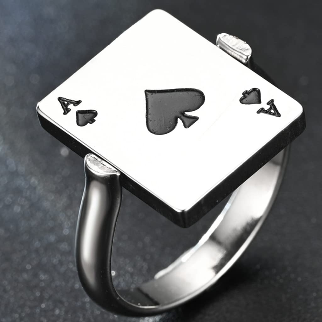 Stainless Stee Poker Ace Spade Heart Flip Rollover Style Cocktail Party Biker Holiday Ring (Silver, 8)