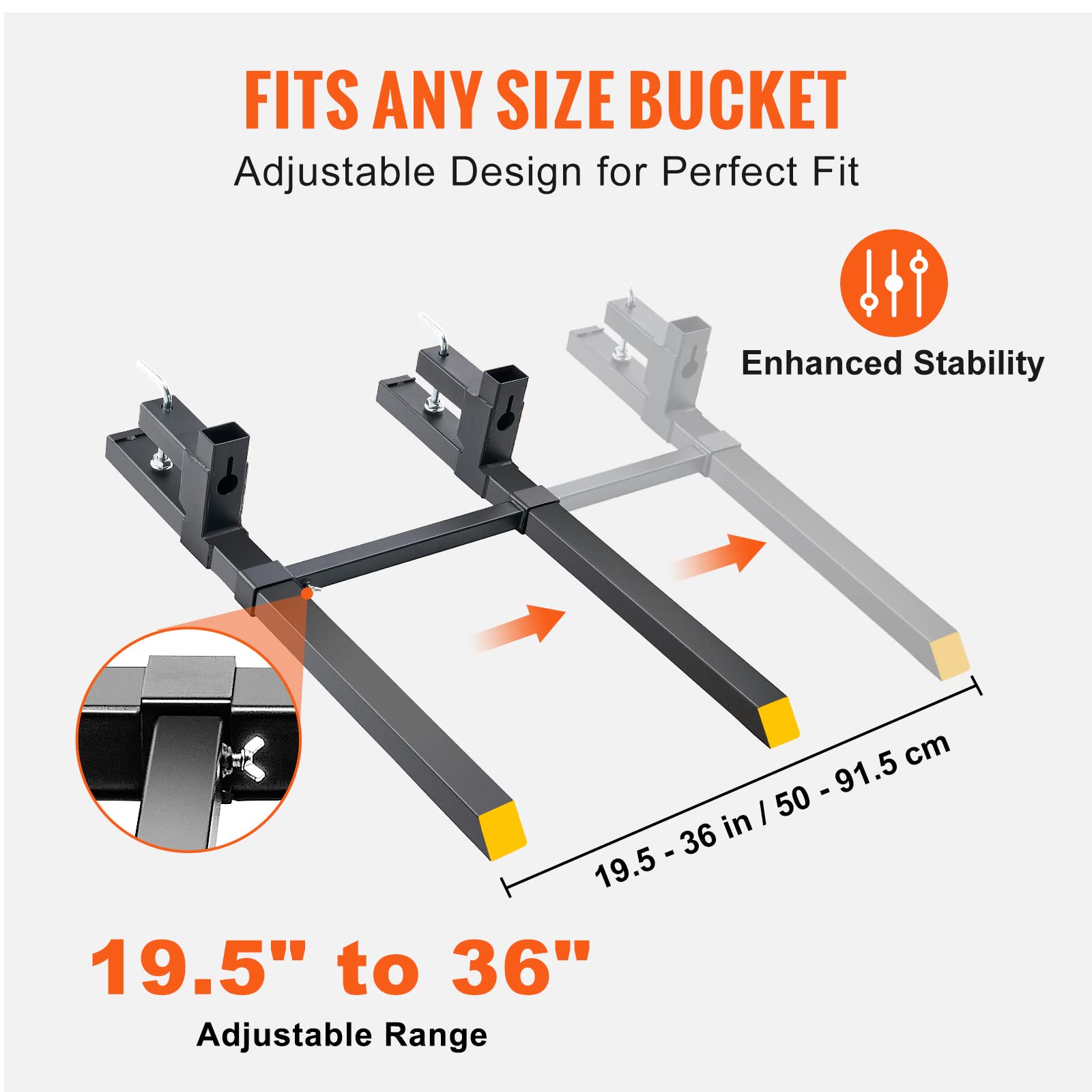 VEVOR Pallet Forks, 2000 Lbs Clamp on Pallet Forks 43" Total Length, Tractor Bucket Forks with Adjustable Stabilizer Bar, Heavy Duty Pallet Forks for Tractor Attachments, Skid Steer, Loader Bucket