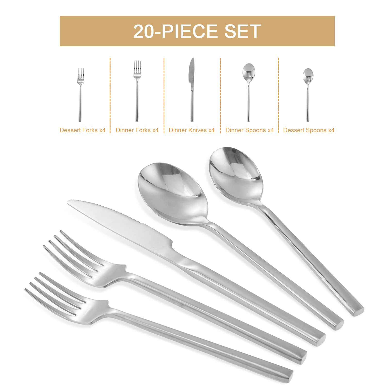 Silverware Set 20-Piece Stainless Steel Flatware Cutlery Set Service for 4, Tableware Utensils Set Includes Knife/Spoon/Fork for Kitchen Home Restaurant Gift, Mirror Polished, Dishwasher Safe Silver