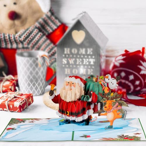 Paper Love 3D Christmas Pop Up Card, Santa and Friends, Handmade 3D Popup Greeting Cards, Gift For Christmas or Holidays, 5" x 7" Cover - Includes Envelope and Note Tag