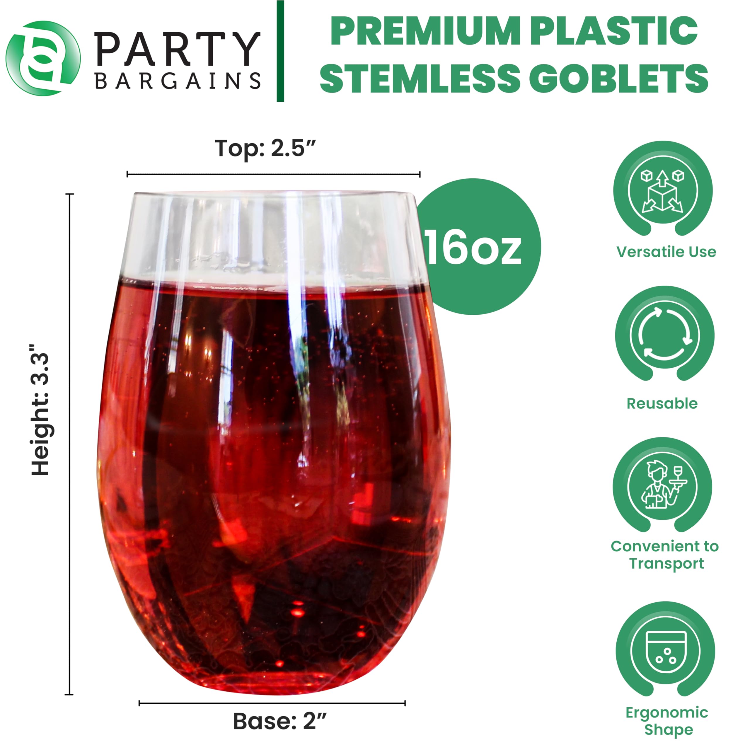 PARTY BARGAINS Stemless Goblet, 16 oz, Clear, 6 Pack, Heavy Duty Plastic Wine Glasses, Decorative Drinking Cups for Weddings, Baby Showers, Barware, Drinkware