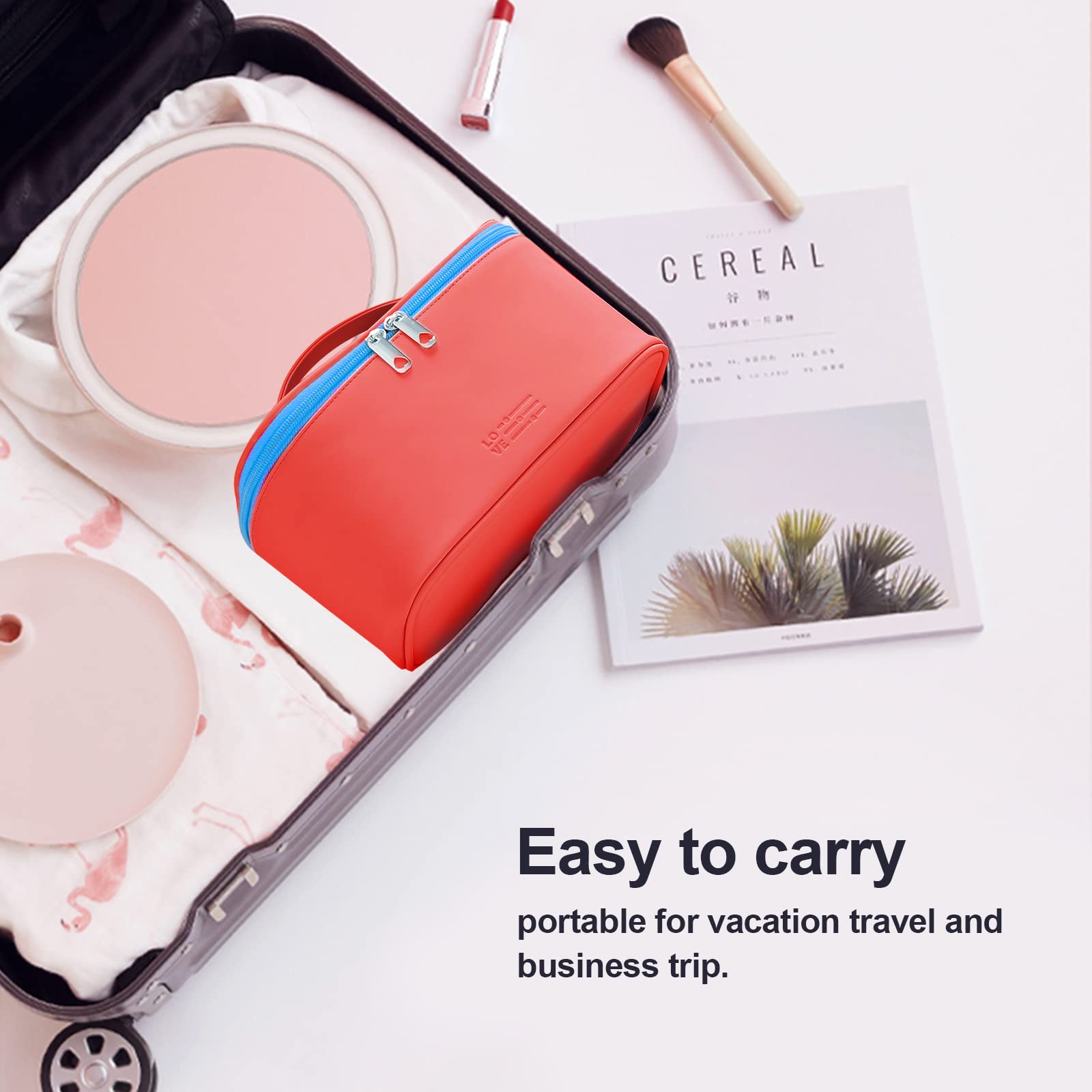 Makeup Bag Portable Travel Cosmetic Bag for Women, Beauty Zipper Makeup Organizer PU Leather Washable Waterproof (Red)