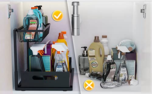 NLBTW Under Sink Organizer and Storage, 2 Tier Bathroom Kitchen Cabinet Shelf Organizers Shelves Cleaning Supplies Organization with Pull-Out Sliding Drawer (Black)