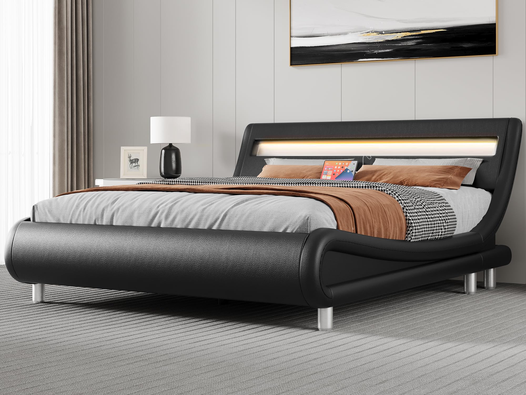 YITAHOME Queen Bed Frame with Ergonomic Headboard,Upholstered Led Bed Frame with Lights & Storage Charging Station,Platform Bed Frame with Premium Pu Leather/No Box Spring Needed,Black