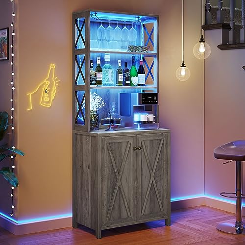 YITAHOME Bar Cabinets with LED Light, Coffee Bar Liquor Cabinet with Glass Holder, Tall Buffet Wine Cabinet with Storage for Kitchen, Dining Room, Rustic Grey Wash