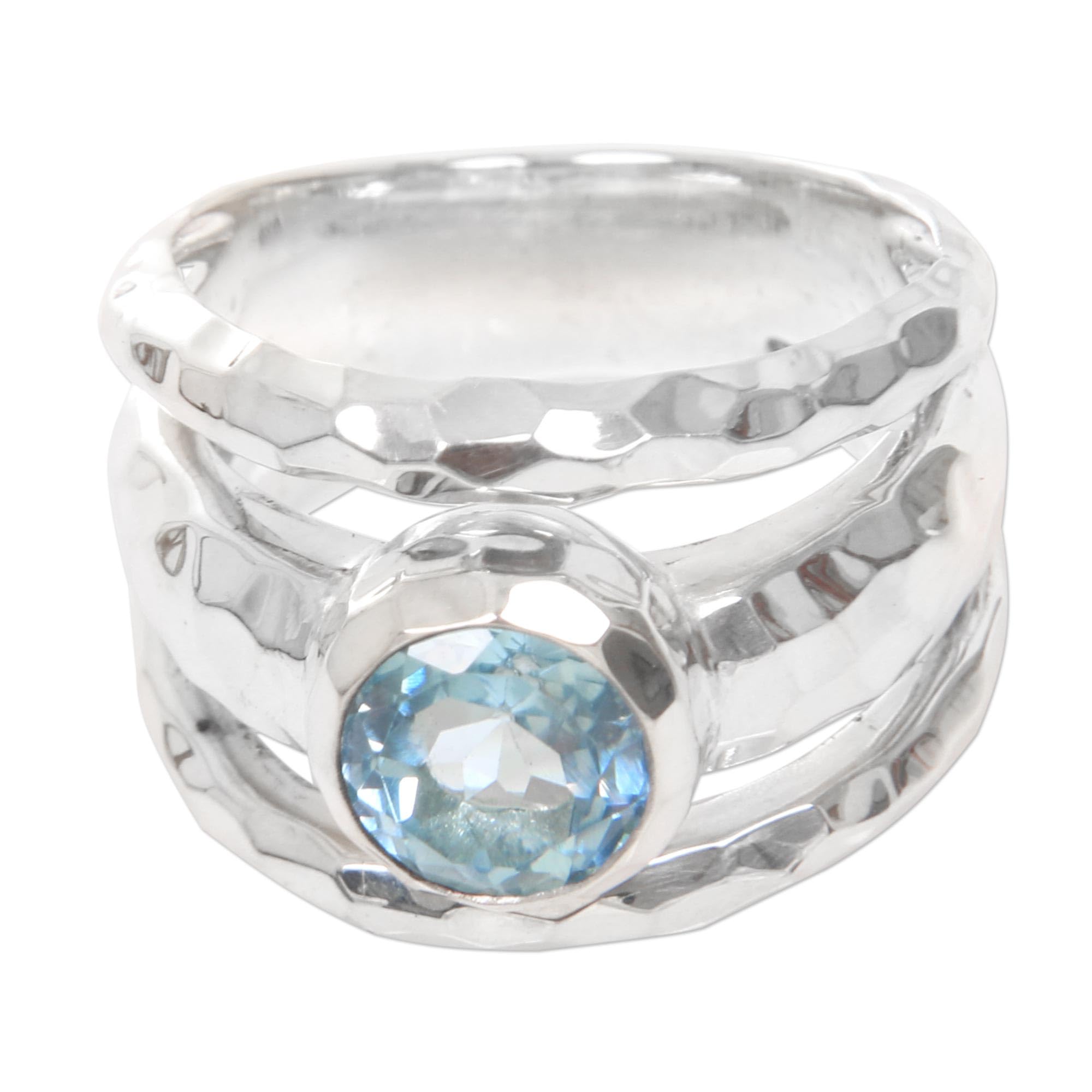 NOVICA Artisan Handcrafted Blue Topaz Cocktail Ring Sterling Silver from Bali Single Stone Indonesia Serenity Birthstone [ring Front 0.6 in L x 0.8 in W x 0.2 in H Band Width 7 mm W] ' Sparkling