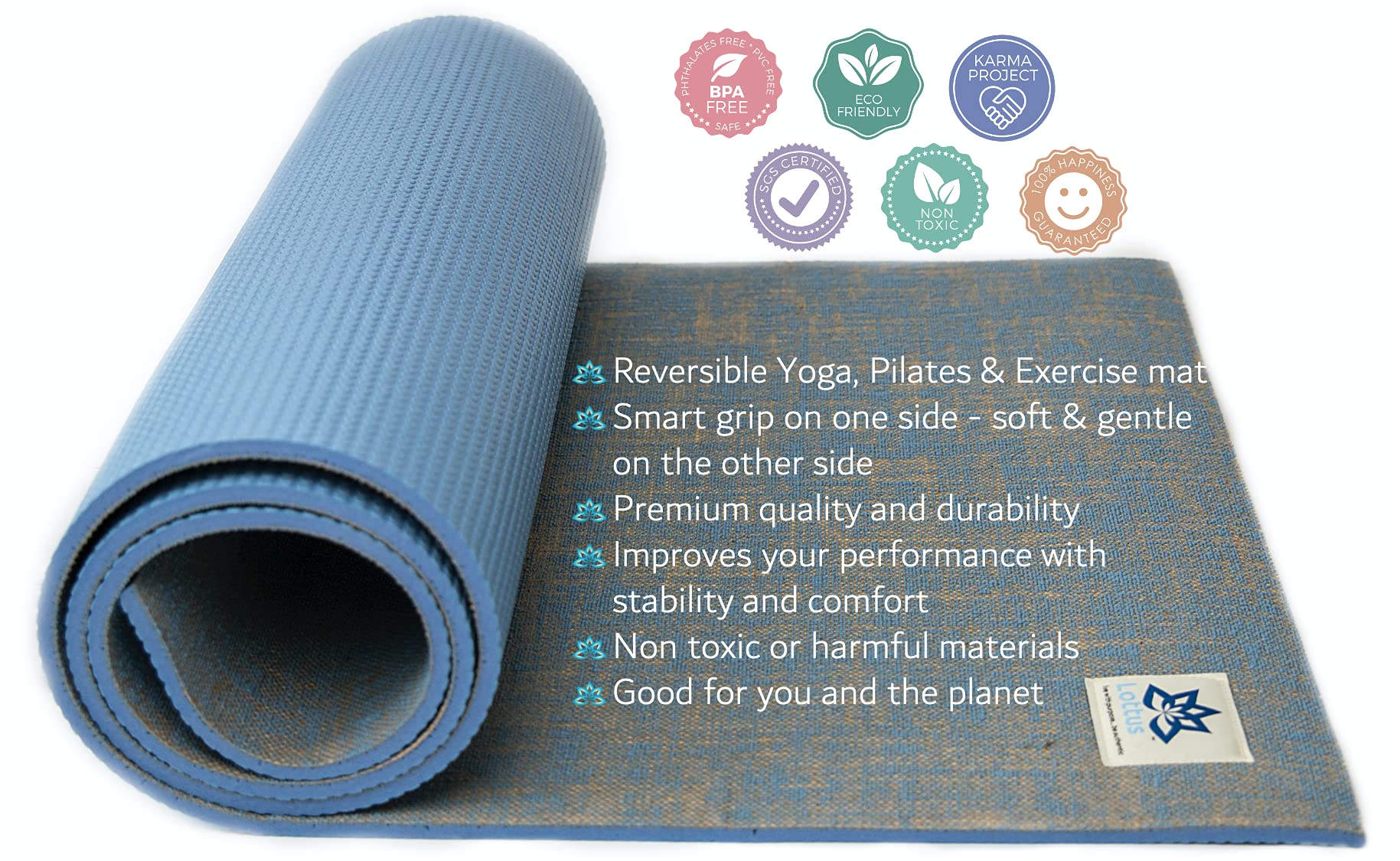 Lottus Life Natural Jute Yoga Mat [New & Improved] Extra Thick 8mm. Reversible. Strong Traction. Durable. Non Toxic. Carrying & Stretching Strap