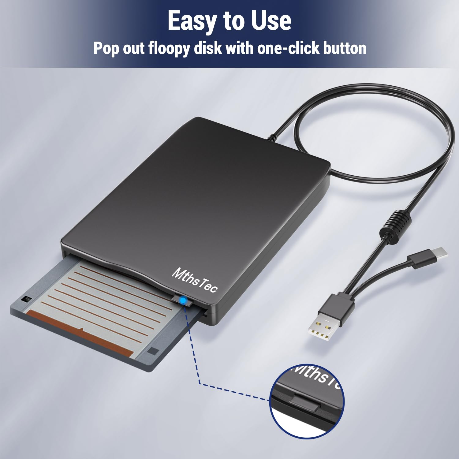 MthsTec USB Floppy Drive, 3.5" USB External Floppy Disk Drive 1.44 MB Slim Plug and Play FDD Drive for PC Windows 2000/XP/Vista/Windows 7/8/10/Mac(Black)