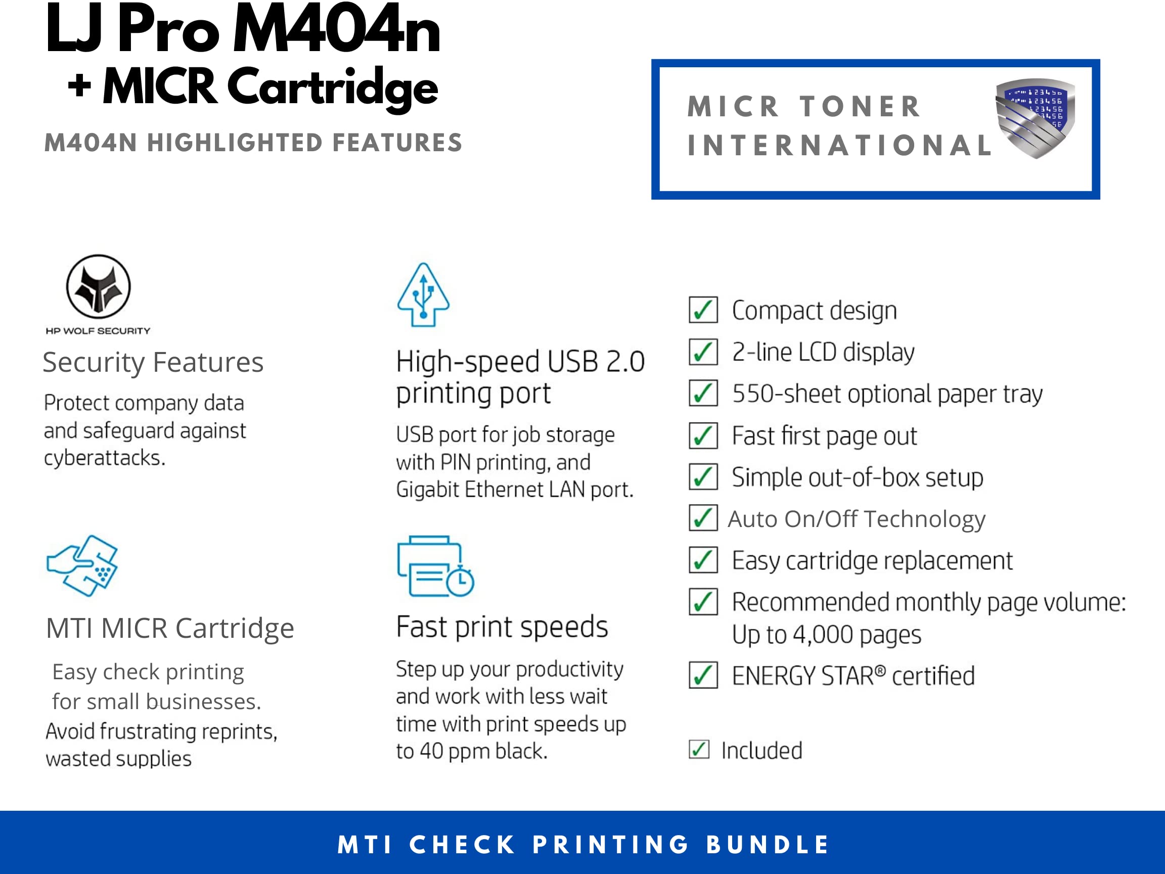 MTI M404n Laser Pro Monochrome Check Printer Bundle with 1 MTI 58A CF258A Modified MICR Toner Cartridge for Printing Business and Personal Checks (2 Items)