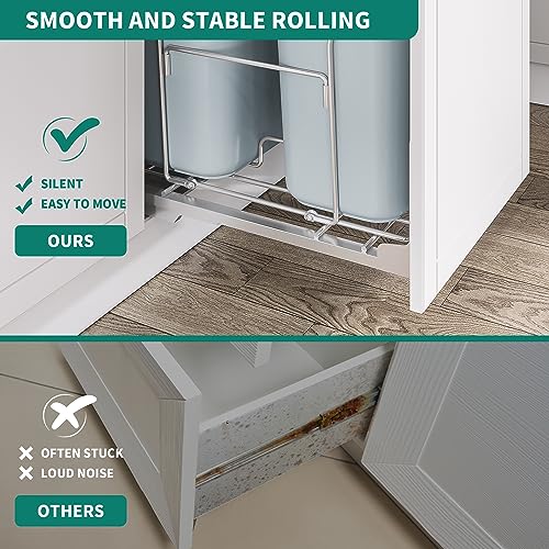 YITAHOME Double 27 Quart Pull-Out Trash Can with Soft-Close Slides, Sliding Under Mount Kitchen Waste Garbage Container for 20.9" W x 25" D x 20.9" H Minimum Cabinets, Gray