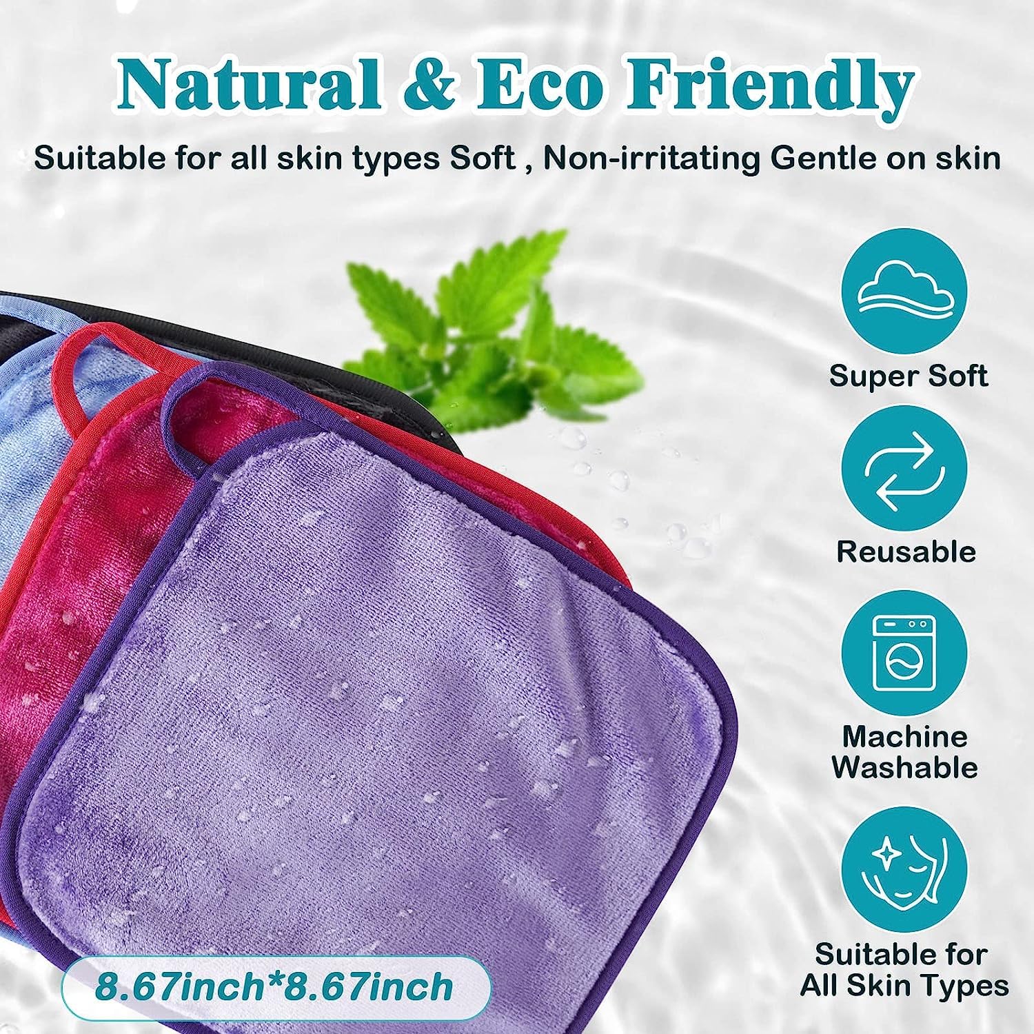 Makeup Remove Cloths Face Towels, Reusable Makeup Remover Cloths (4packs), Makeup Remover Towel Reusable Microfiber Cleansing Towel 8.67 inch X 8.67 inch