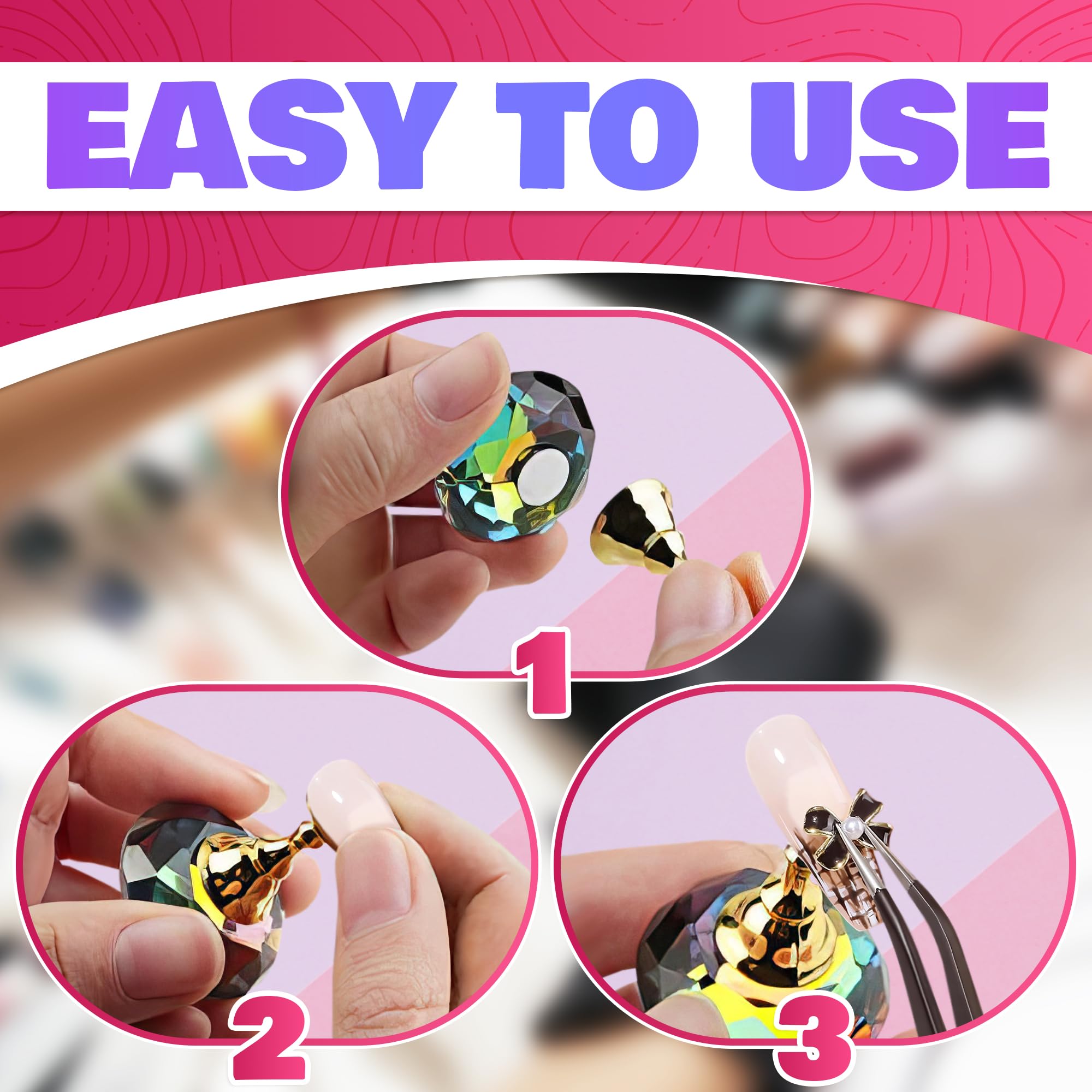 Nail Art Practice Stands, Magnetic Nail Tips Holders Fingernail Display Stands with 5 Pieces Alloy Practice Stand and One Crystal Base for DIY Nail Art Practicing Manicure tools