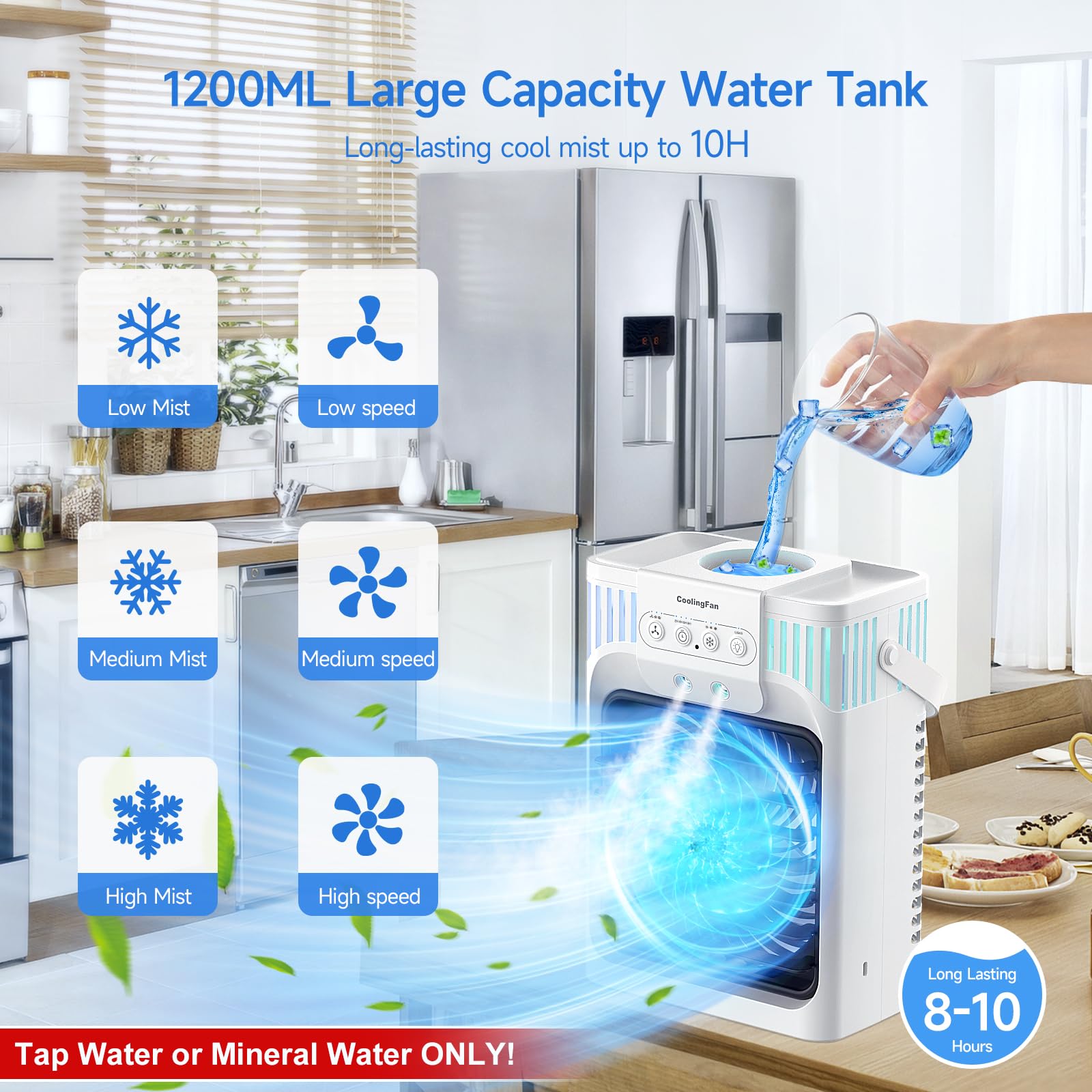 VICELEC Portable Air Conditioner Cooling Fan with Remote, Quiet with 3 Speeds, 1200ml Evaporative Personal Air Cooler Fan with 3 Mist, 7 Night Light, 8H Timer, Small Air Conditioner for Bedroom Office