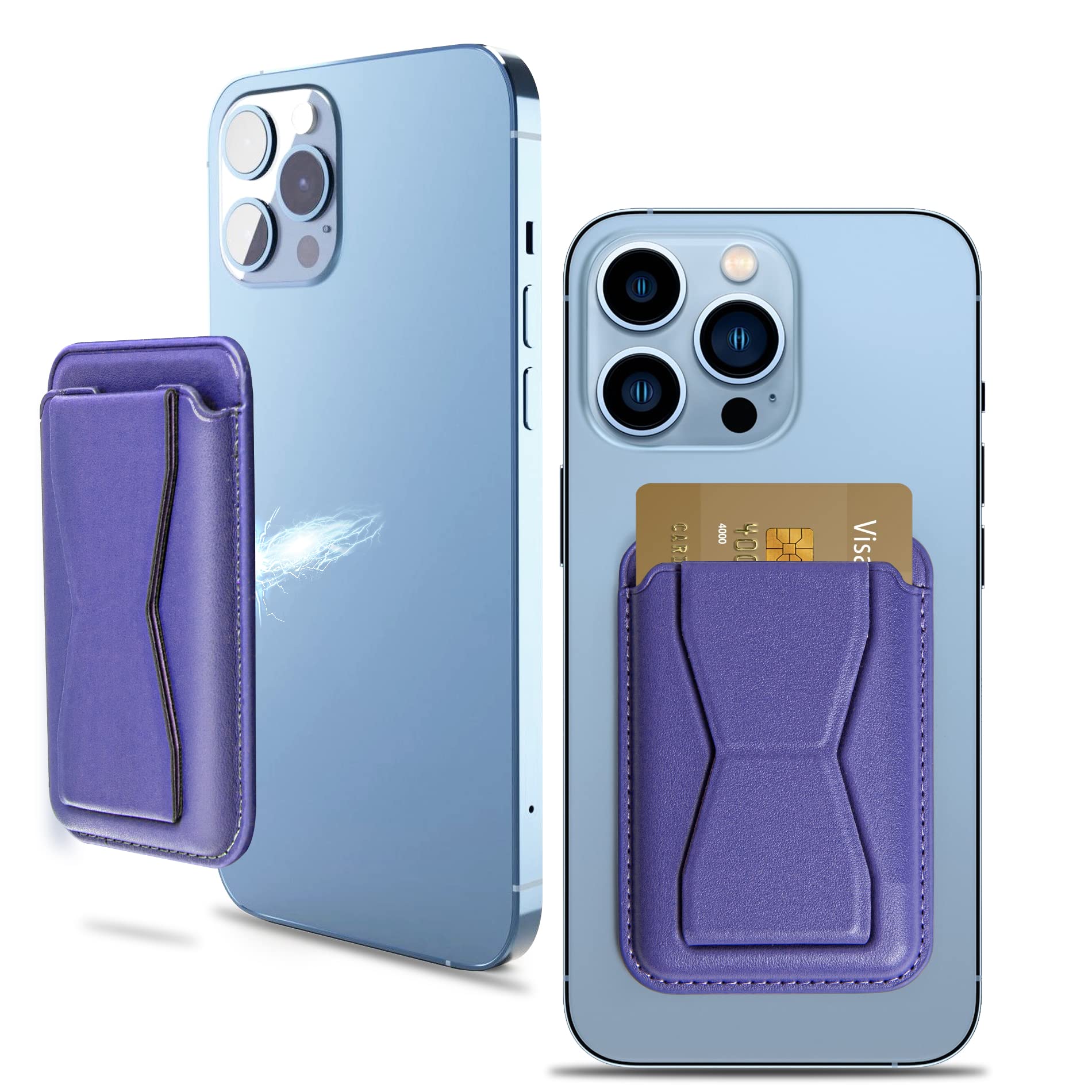 Magnetic Card Wallet Holder for Apple Magsafe, Compatible with MagSafe Leather Wallet for iPhone 14/13/12 Pro|Pro MAX Series, Upgraded Version Strong Magnetic Phone Case with Kickstand (Purple)
