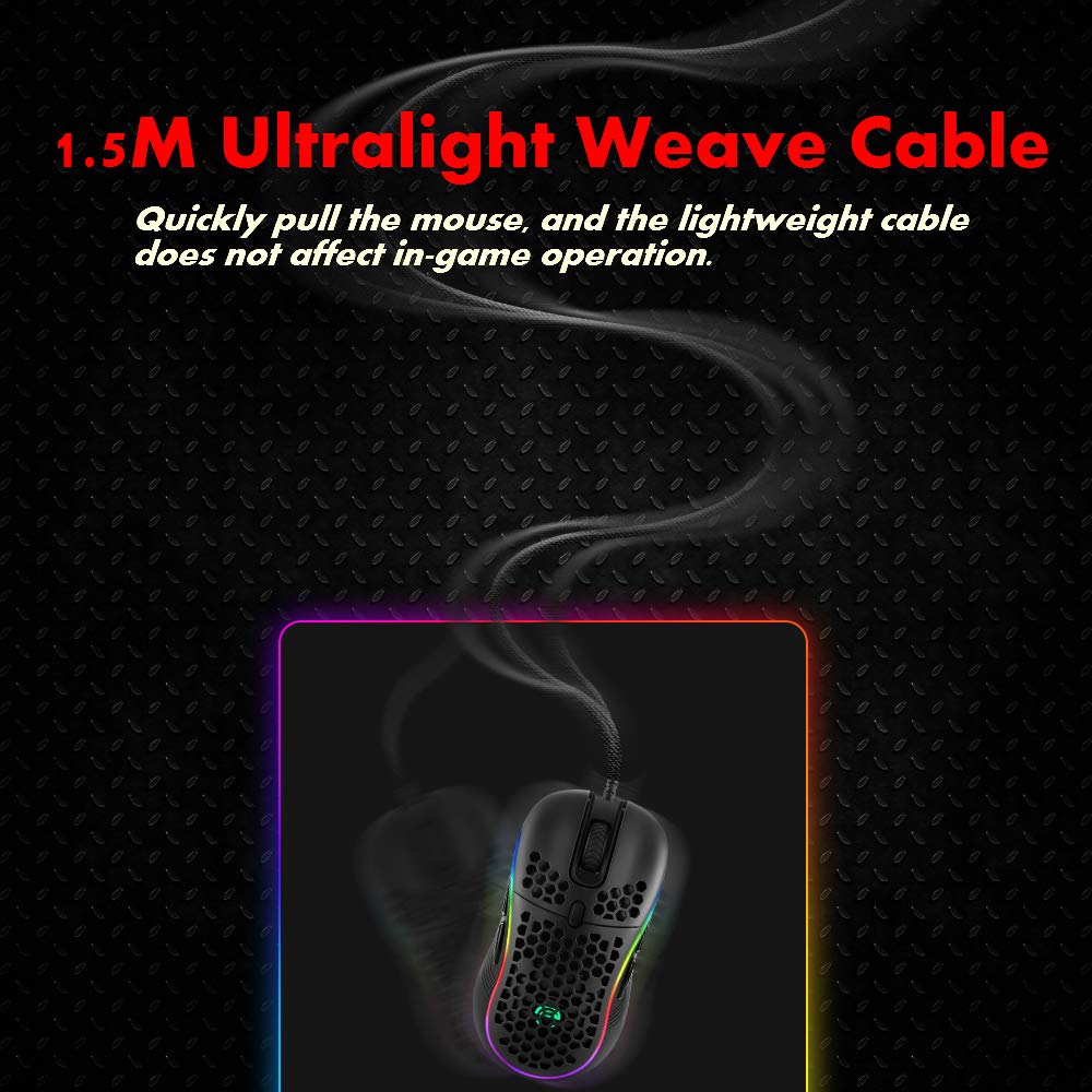 MARVO PC USB Wired Gaming Mouse-Lightweight Honeycomb Shell w/ Multicolored Backlit-Ultralight Weave Cable (Black)