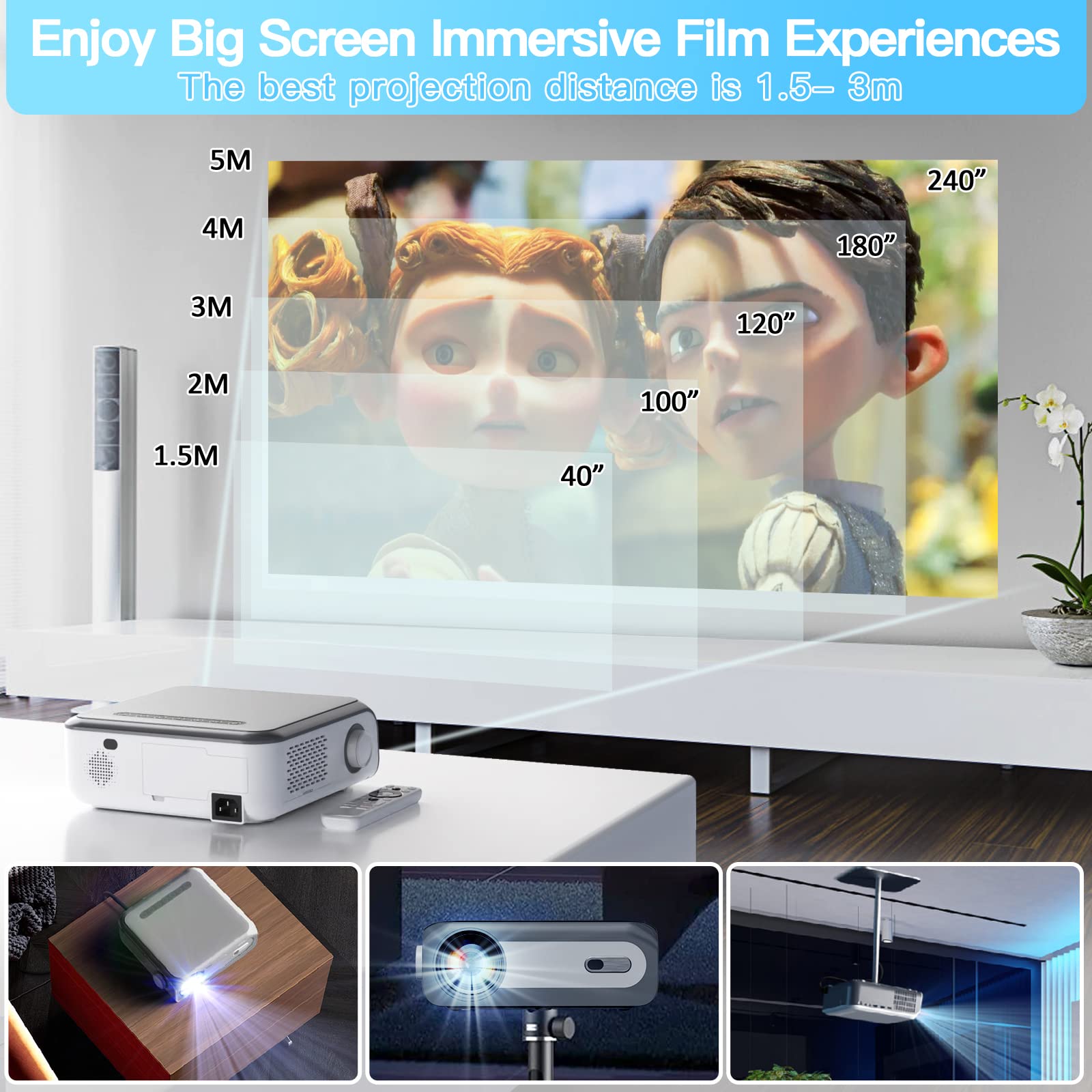 Projector 4K with WiFi and Bluetooth, 5G 1080P Outdoor Movie Projectors, 9500L/700ANSI Portable Smart Mini Projector with 100" Proyector Screen & Tripod, Compatible with iOS/Android/Win/TV Stick