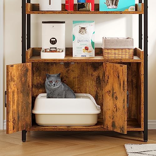 YITAHOME Large Hidden Cat Litter Box Furniture with 3 Shelves and Doors, Wood Litter Box Enclosure, Cat Washroom Storage, Brown