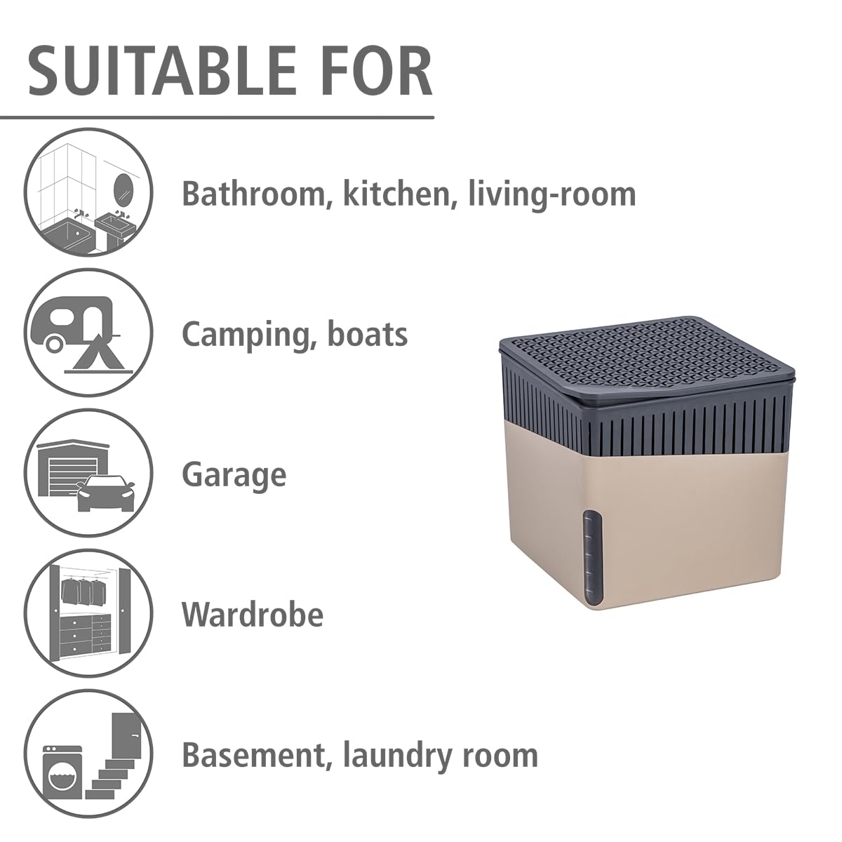 WENKO Portable Dehumidifier Cube Design, Compact and Rechargeable Dehumidifier for Bathroom, Closet, Bedroom, Garage, Covers up to 2800 Cubic Feet, 2.2lbs, Beige, 6.18 x 6.5 x 6.5