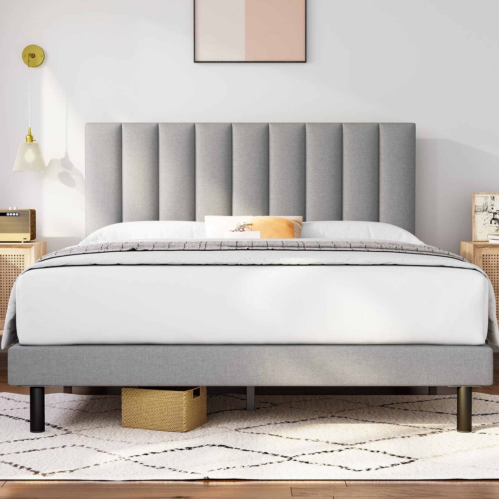 Molblly Full Size Bed Frame Upholstered Platform with Headboard and Strong Wooden Slats,Mattress Foundation,Non-Slip and Noise-Free,No Box Spring Needed, Easy Assembly,Light Gray