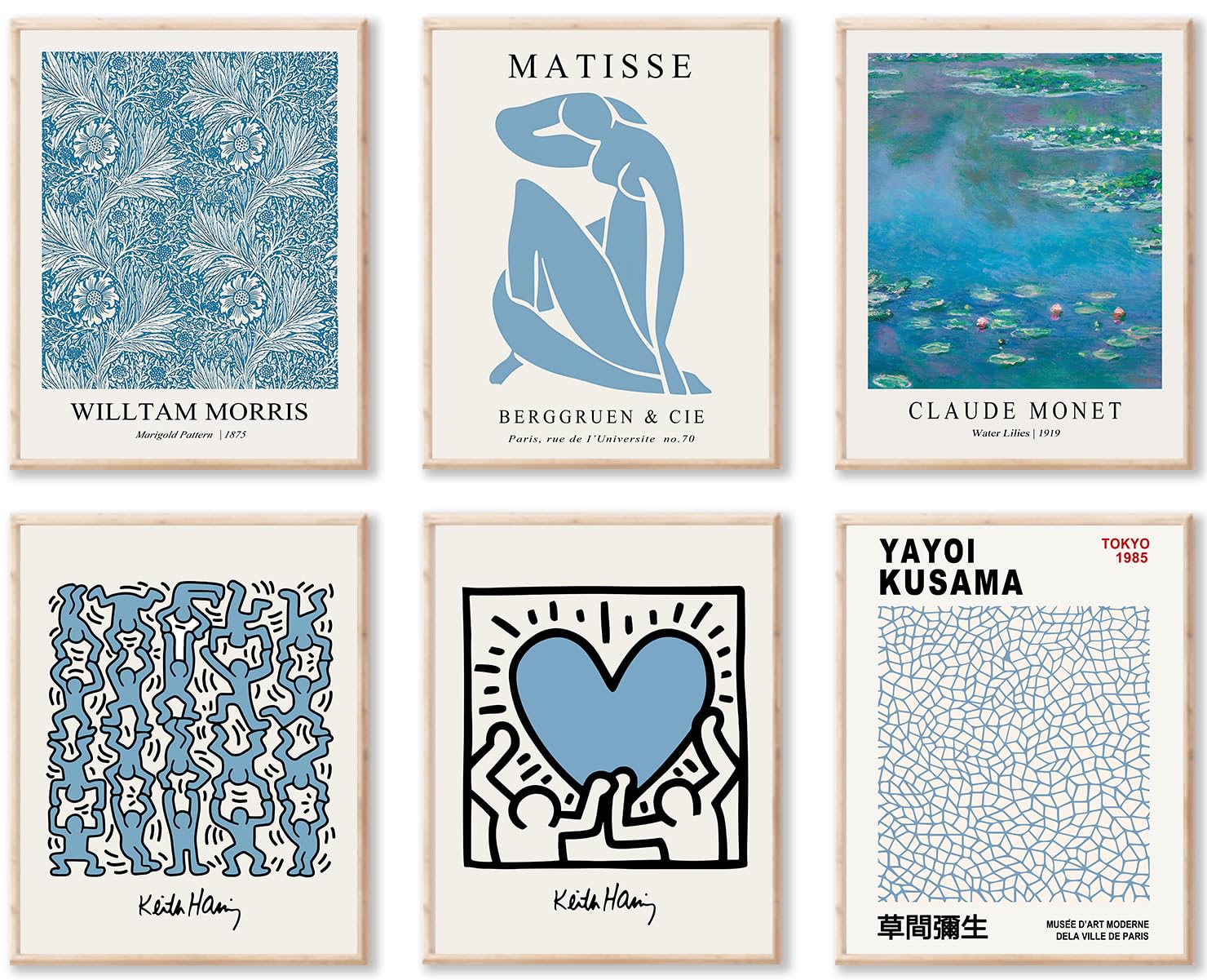 Matisse Wall Art Prints Set of 6, Abstract Blue Matisse Wall Art Exhibition Posters, Modern Blue Matisse Print William Morris Painting Yayoi Kusama Poster Claude Monet Prints, Boho Canvas Art Prints