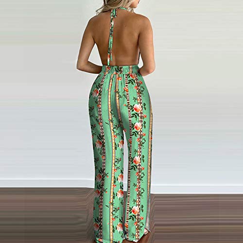 Women's Summer Halter Backless High Waist Loose Leg Floral Print Jumpsuit Long Pants(Green, XL)