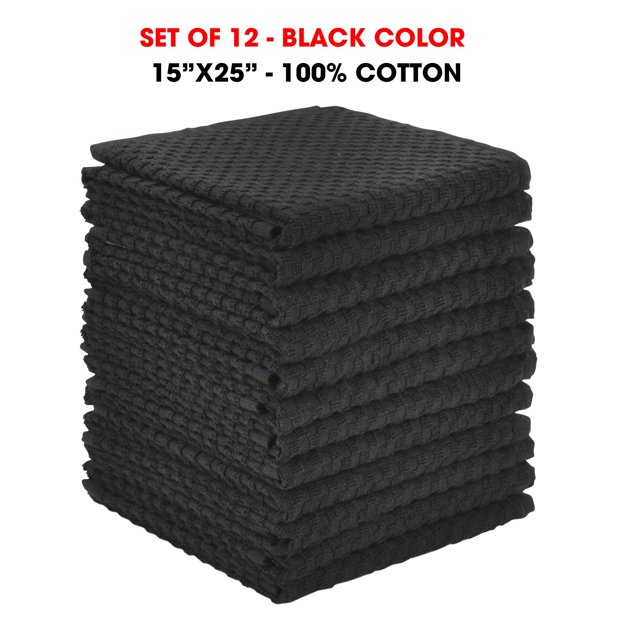 TALVANIA Kitchen Dish Towels, 100% Cotton Dish Cloths Dobby Weave, 12 Pack Soft and Absorbent Multipurpose Terry Towel Set, Hand Towel, Cleaning Cloth 15” X 25” Machine Washable Black