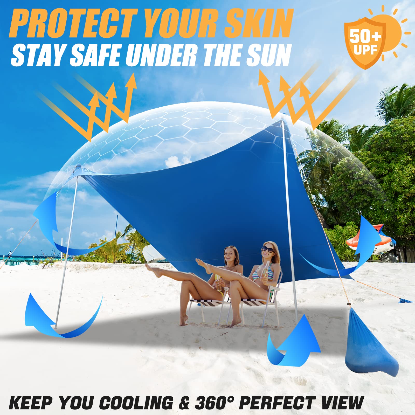 RUNBOW Beach Shade Canopy, Pop Up Sun Shade Tent with 2 Aluminum Poles, 8 X 8FT Portable Sun Shelter for Beach, Camping Trips, Fishing, Backyard or Picnics