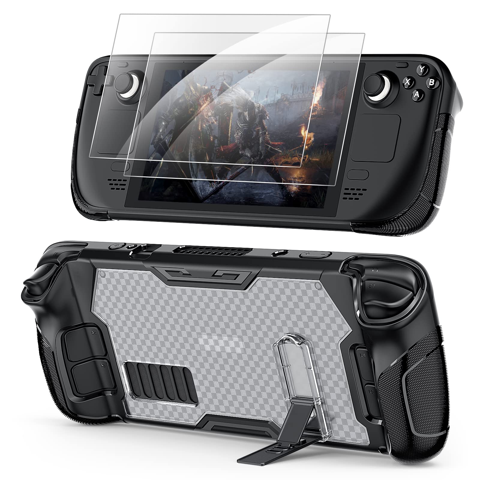 YUANHOT Protective Case for Steam Deck with Adjustable Kickstand, Protector Cover Accessories with 2 Pack Screen Protector and Anti-Collision Anti-Scratch Design - Black