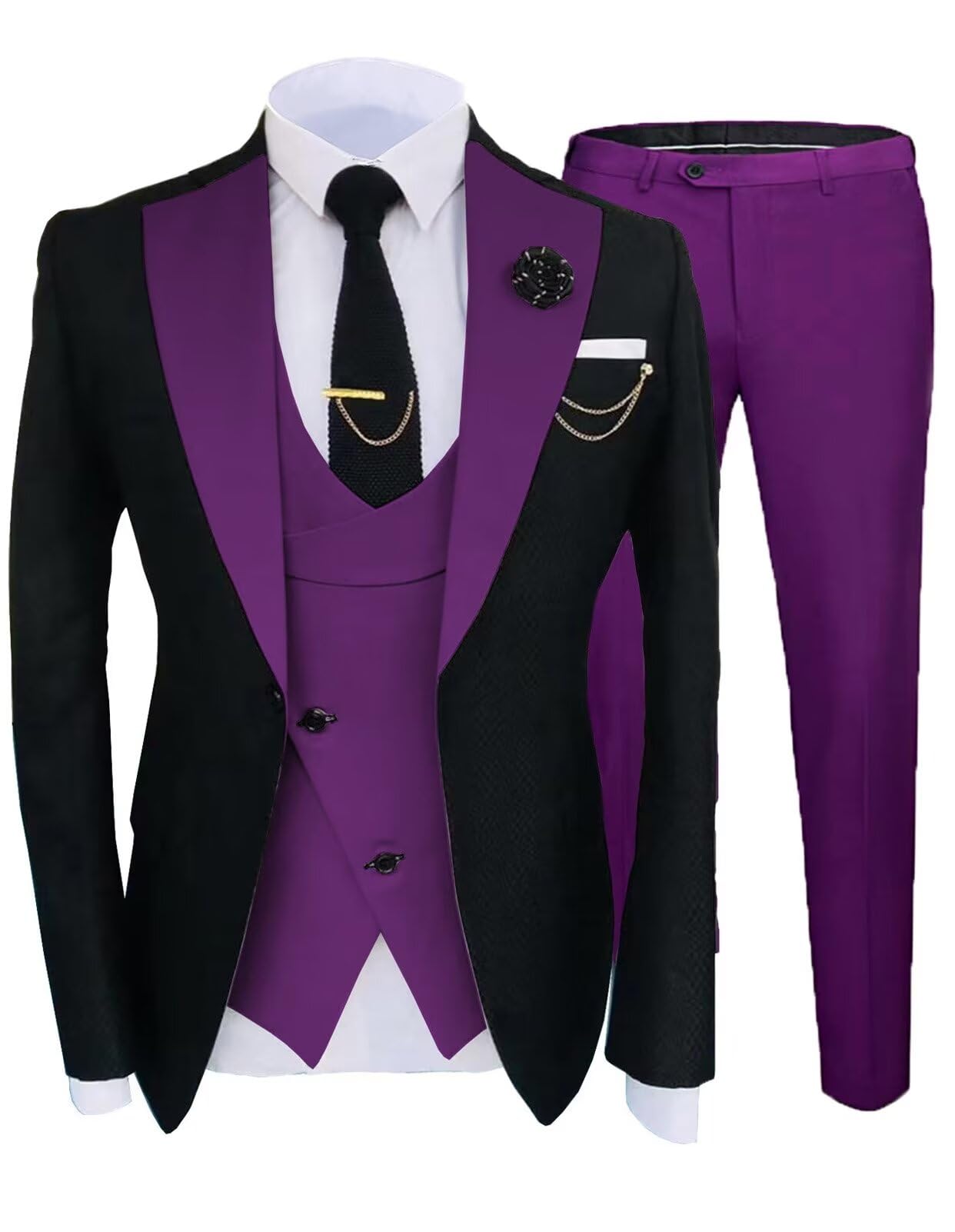 Men's Formal Wear Slim Fit 3 Piece Suit One Button Business Wedding Prom Suits Blazer Tux Vest & Trousers Purple