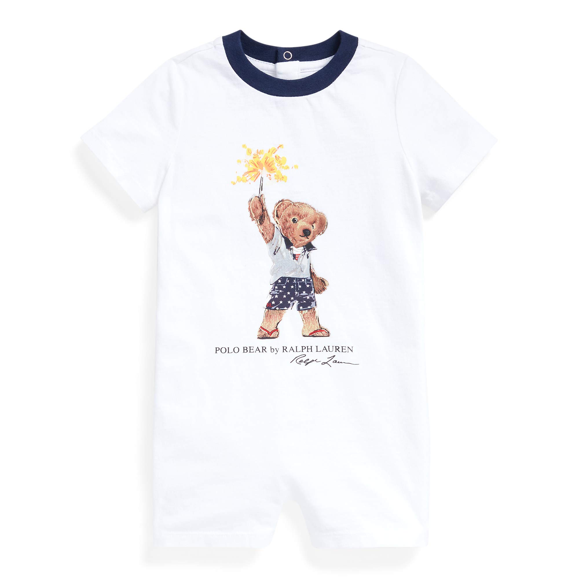 Ralph Lauren Baby Boys Sparkler Bear Cotton Shortall Romper (White(5001)/Gold, Newborn)