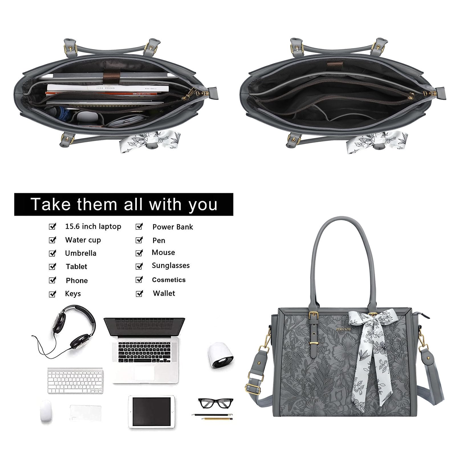 MOSISO Laptop Bag for Women, 17-17.3 inch PU Leathe Tote Bag Compatible with MacBook, HP, Dell, Asus Notebook, Front Embossed Retro Hibiscus Computer Bag with Silk Scarf&Clutch Purse, Gray