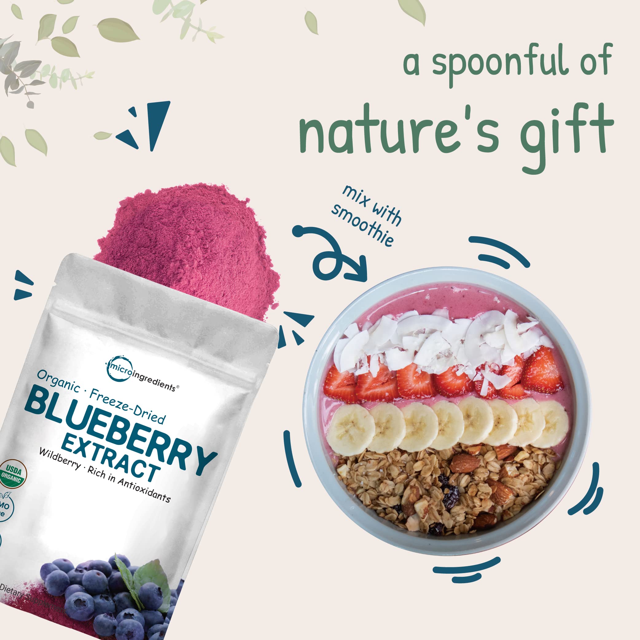 Organic Blueberry Extract Powder, 6oz | 100% Natural Fruit Powder | Freeze-Dried Wild Blueberries Source | No Sugar & Additives | Great Flavor for Drinks, Smoothie, & Beverages | Non-GMO & Vegan