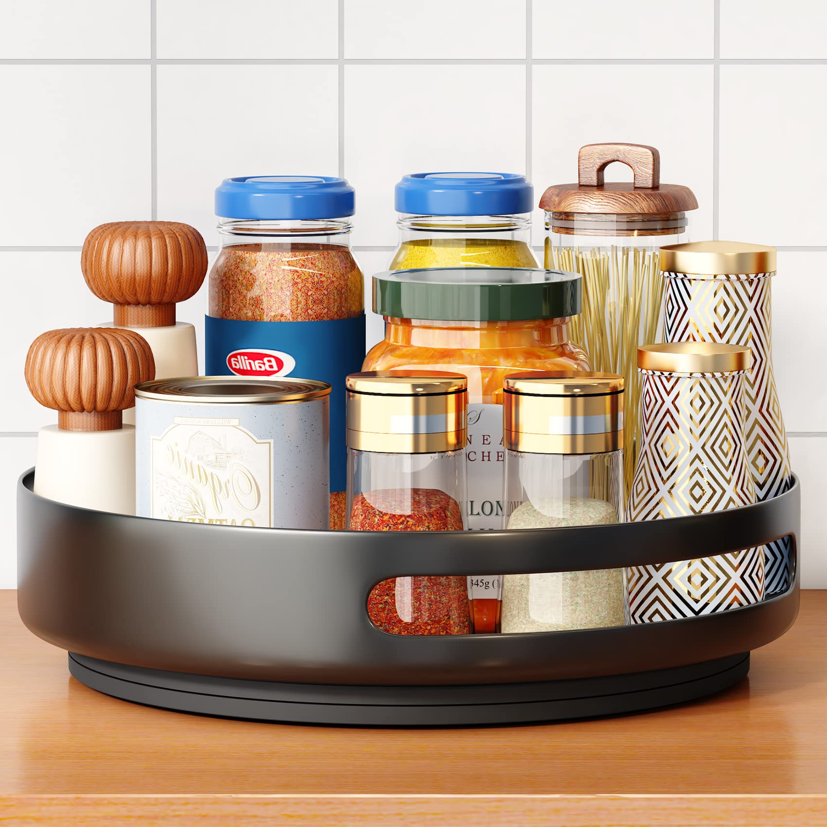 Spice Rack 2 Tier Lazy Susan Turntable, Height Adjustable Metal Rotating Organizer for Cabinet Pantry Kitchen Countertop Cupboard (10 inches-2 Tier Black 10'')