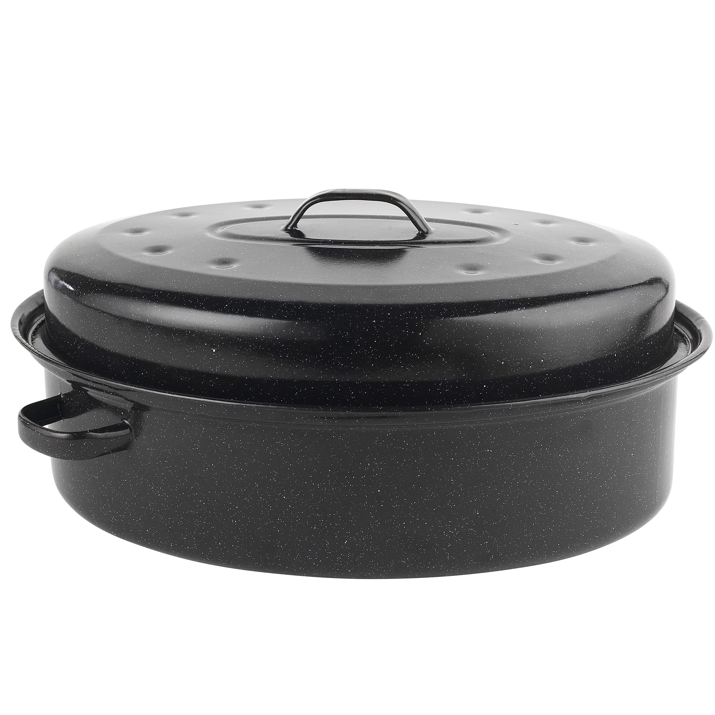 Russell Hobbs BW07215AMZ Romano Self-Basting Casserole Roasting Dish with Lid, Easy Clean Vitreous Enamel Steel Coating, 38 cm, Oven Roaster Tin, Dishwasher Safe, Black
