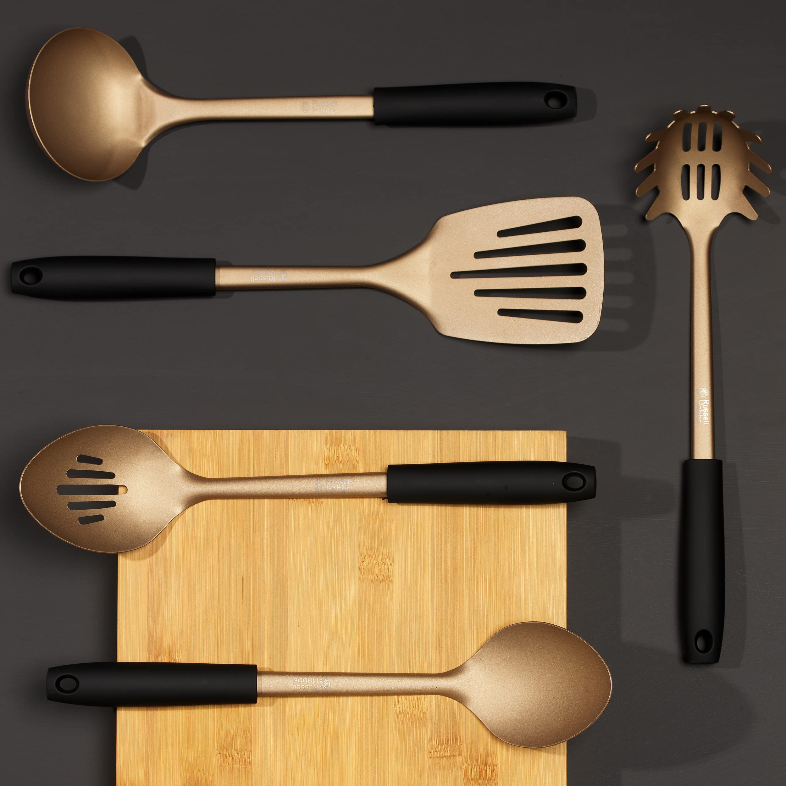 Russell Hobbs RH02170BEU Opulence 5 Piece Kitchen Utensil Set, Non-Stick Cooking Spoons & Soft-Touch Handles, Includes Solid and Slotted Spoon, Spaghetti Spoon, Slotted Spatula and Ladle, Black/Gold