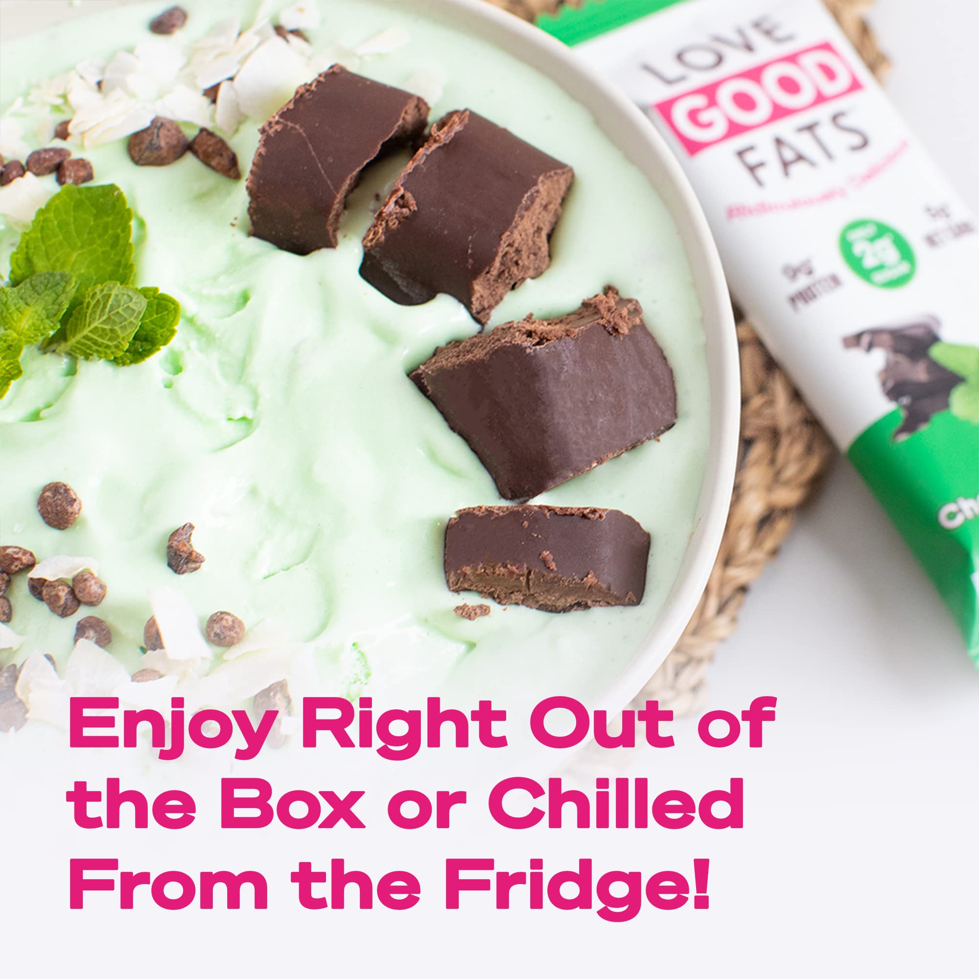 Love Good Fats Mint Chocolate Chip and Truffle Peanut Butter Chocolate - Plant-Based Protein Snack, Low Carb, Low Sugar, Gluten Free, Non GMO, 12 Pack