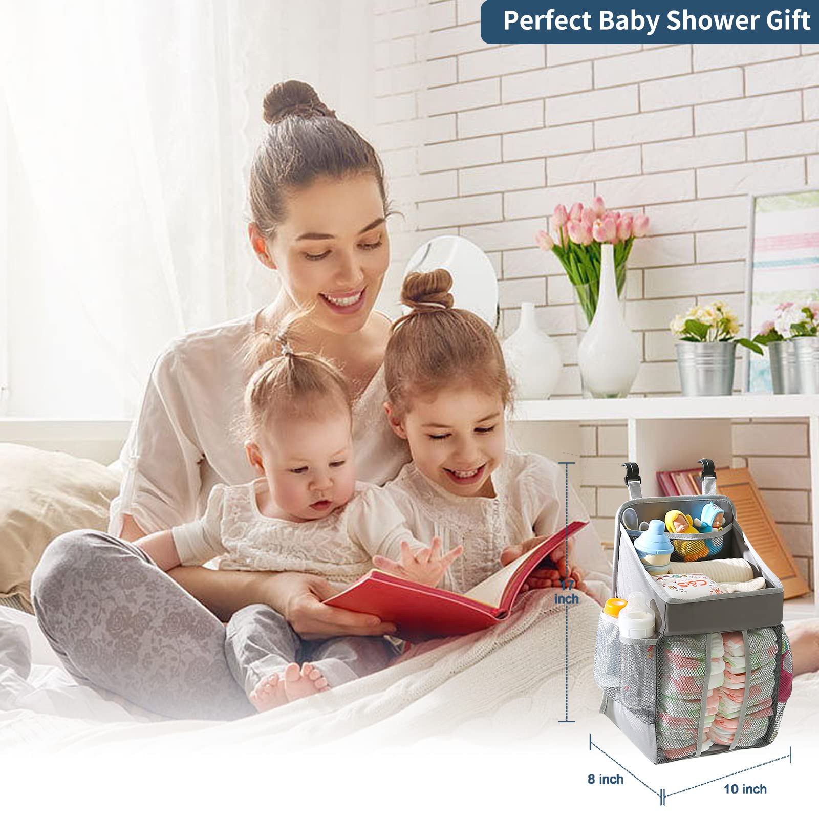 TRENDPLAY Hanging Diaper Caddy, Portable Diaper Organizer Stacker, Nursery Storage for Diapers Wipes Baby Essentials Storage, for Changing Table, Crib, Baby Stroller - Baby Shower Gifts