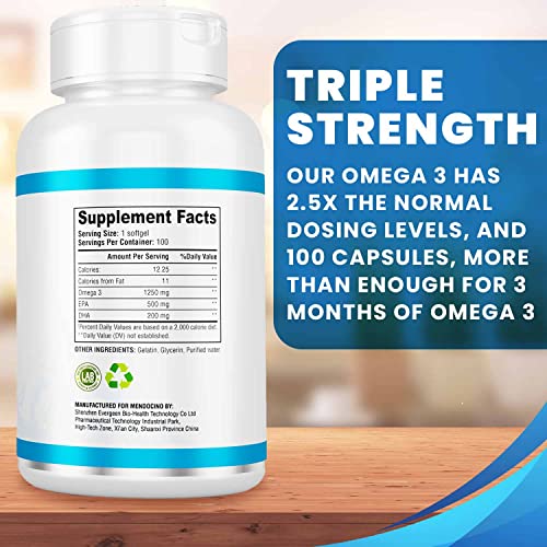 Mendocino Naturals Omega 3 Triple Strength - 1250 mg - Natural Flavor - 100 Softgels, White