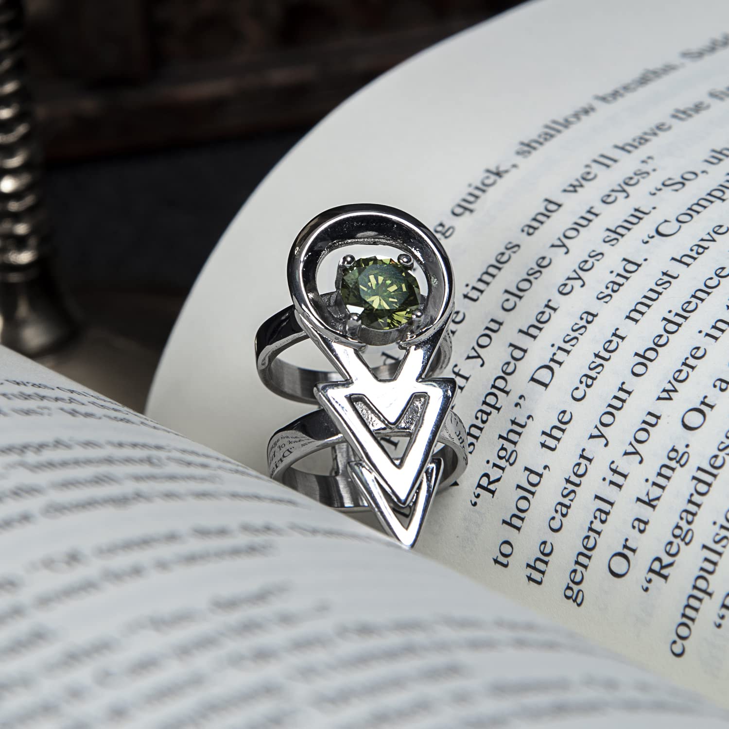 Rune Ring by Rogue+Wolf Gothic Y2K Jewelry Emo Goth Accessories, Cool Boho Alt Knuckle Chunky Ring Aesthetics, Non-Precious Metal, pale emerald synthetic spinel