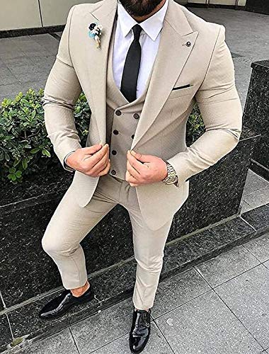 Men's Peak Lapel Sage 3 Piece Slim Fit Business Suit Prom Tuxedos Wedding Groomsmen 40/34