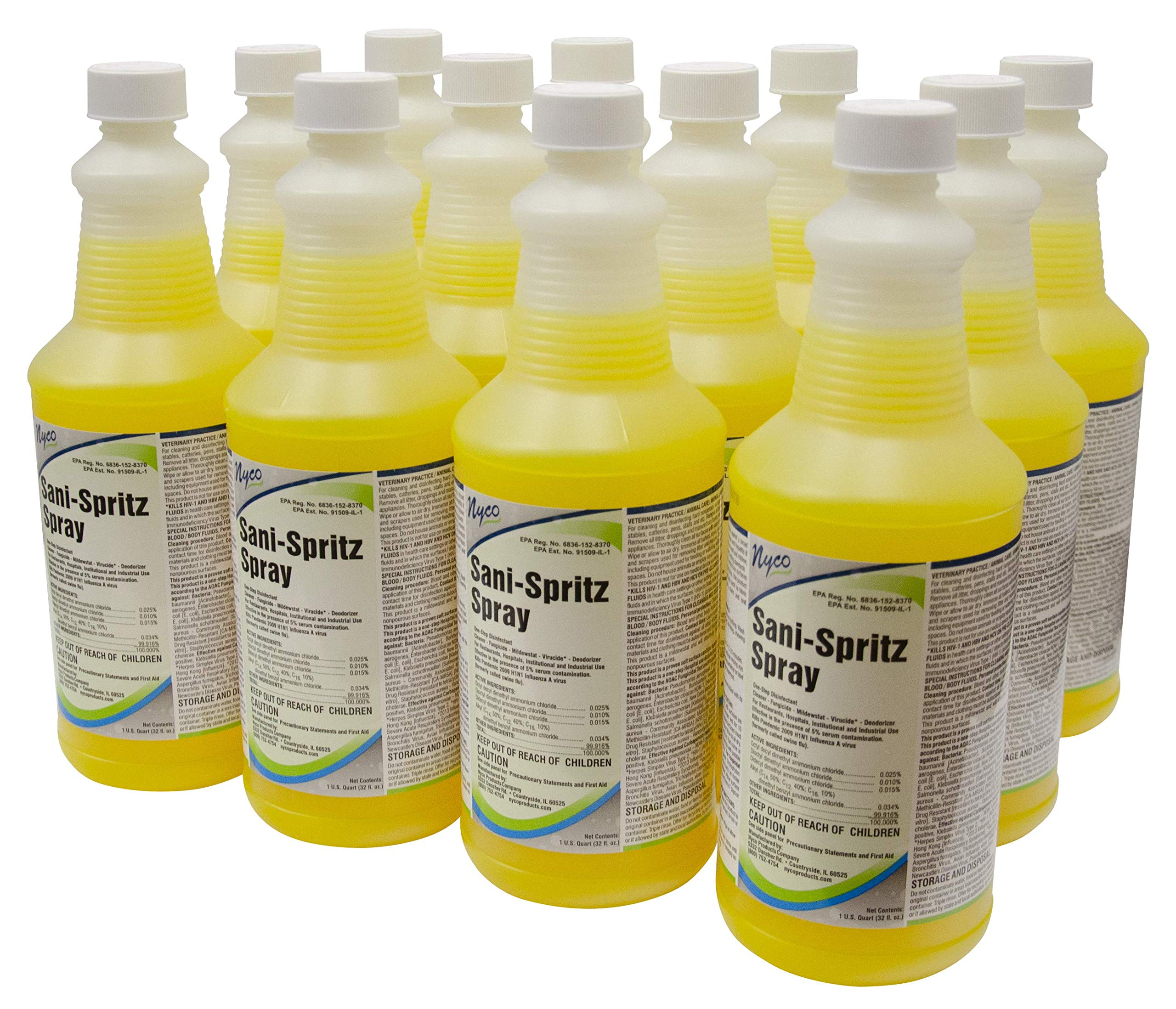 Nyco Sani-Spritz Spray - 32 oz RTU Spray Bottles - Case of 12 (sprayers not included) - Disinfectant - Cleaner - Mildewstat - Deodorizer - One-Step Disinfectant Cleaner