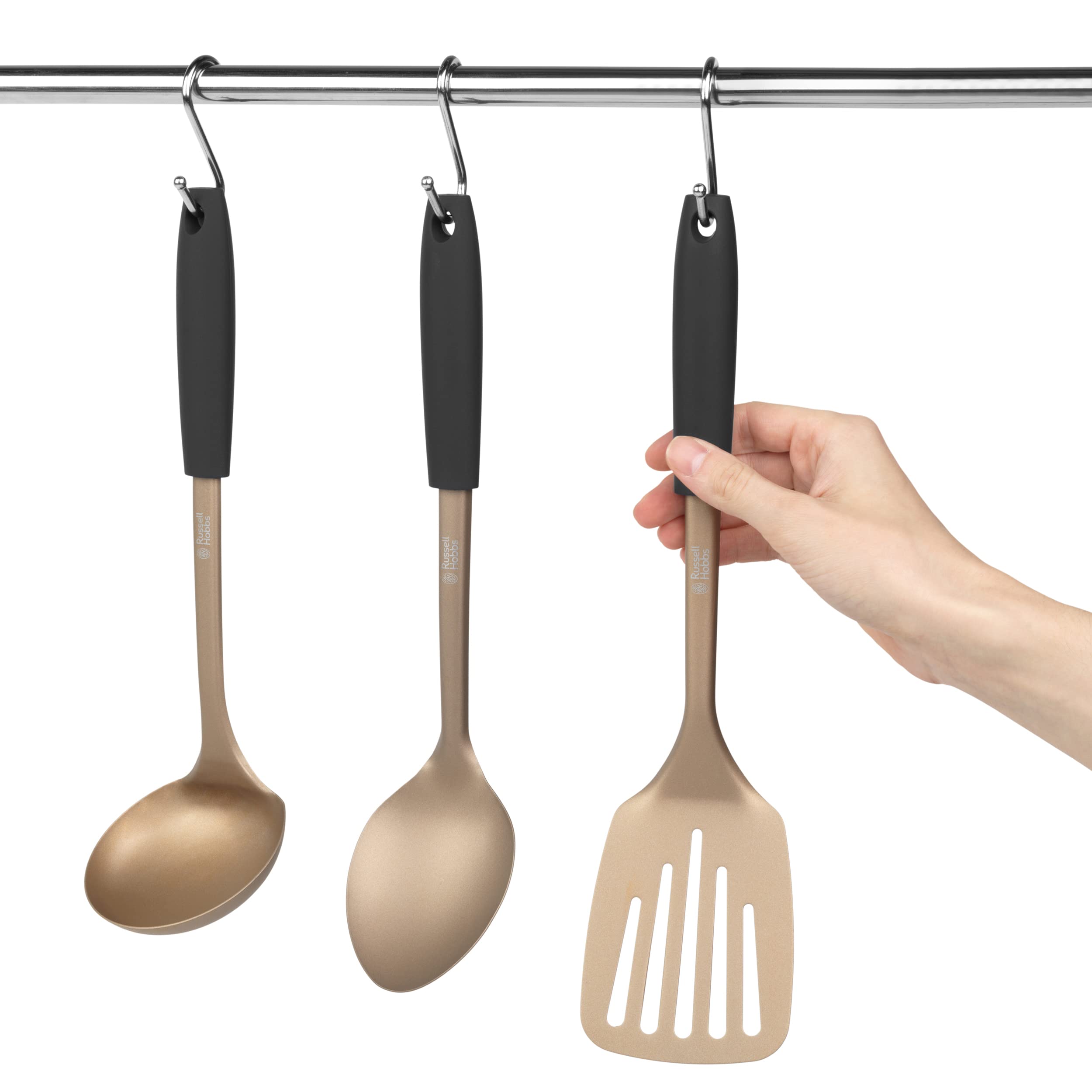 Russell Hobbs RH02170BEU Opulence 5 Piece Kitchen Utensil Set, Non-Stick Cooking Spoons & Soft-Touch Handles, Includes Solid and Slotted Spoon, Spaghetti Spoon, Slotted Spatula and Ladle, Black/Gold