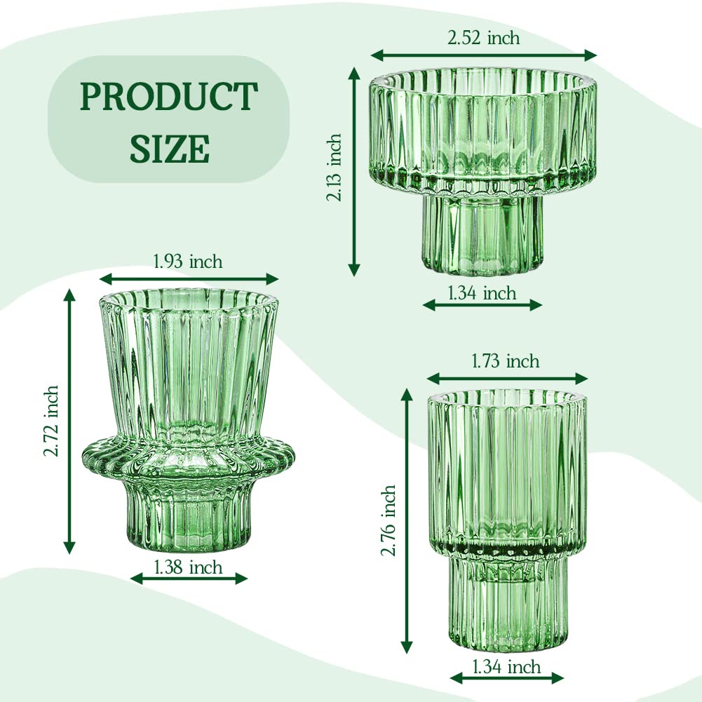Marycele Glass Candle Holders - Set of 6 Votive and Taper Holders for Wedding Centerpieces and Table Decor, Green